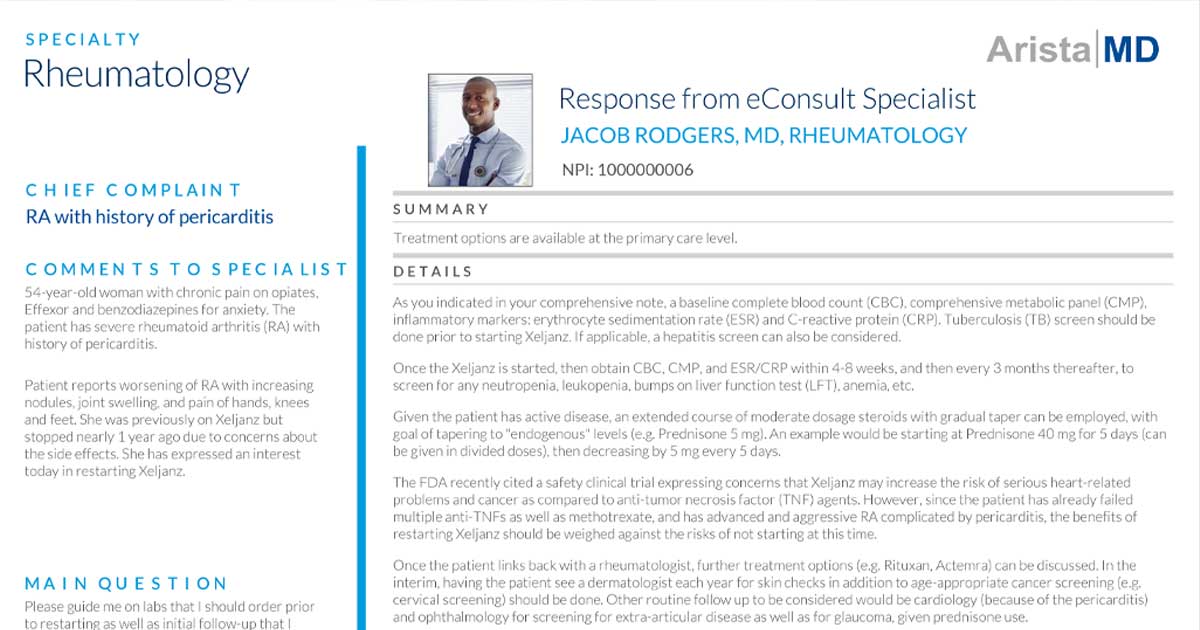 Rheumatology Physician Addresses RA via eConsult